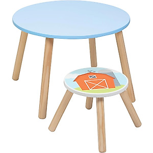 Kids Wooden Animal Table & Chair Set w 4 Seats- Cow Pig Sheep plus Adult Stool for Arts Crafts, Dining, Pretend Play- Durable Playroom Furniture for Home, Daycare Classroom- Toddler Children Xmas Gift