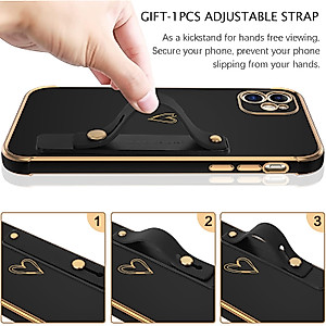 BENTOBEN for iPhone 12 Mini Case, Cute Heart Adjustable Strap Wristband Kickstand Holder Shockproof Protective Soft TPU Luxury Plating Raised Trim Girls Women Phone Case for iPhone 12 Mini, Black