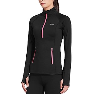 BALEAF Women's Thermal Fleece Pullover Jacket Half Zip Thumbholes Long Sleeve Running Hiking Tops Gear Workout Shirt Cold Weather Black L