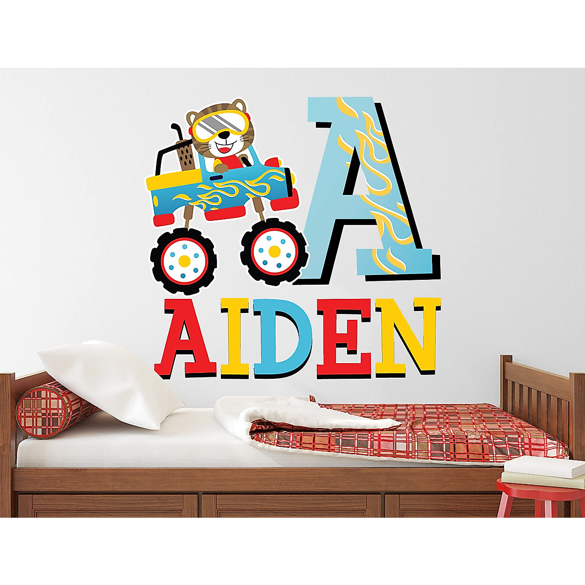 Racing Trucks Wall Decal for Boys Nursery - Personalized Name Stickers Car Wall Decals Bedroom Decor - Monster Truck Wall Sticker for Baby Room - Car Themed Room Decor - Boys Custom Name Wall Decal