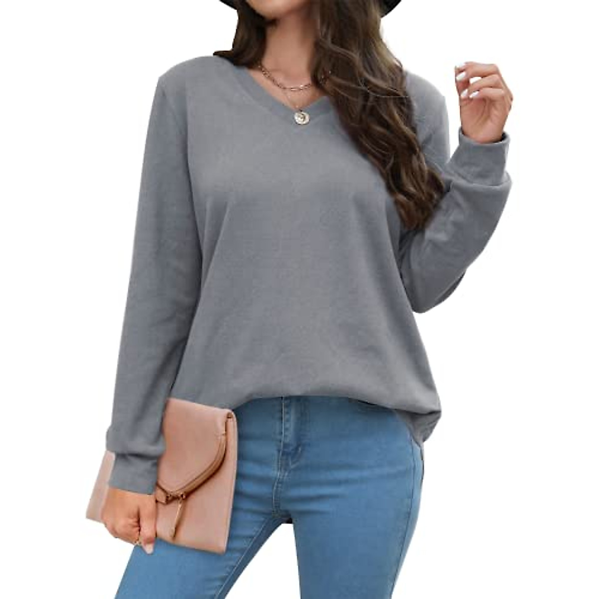 WIHOLL Shirts for Women V Neck Loose Casual Tunic Sweatshirts Trendy Gray XL