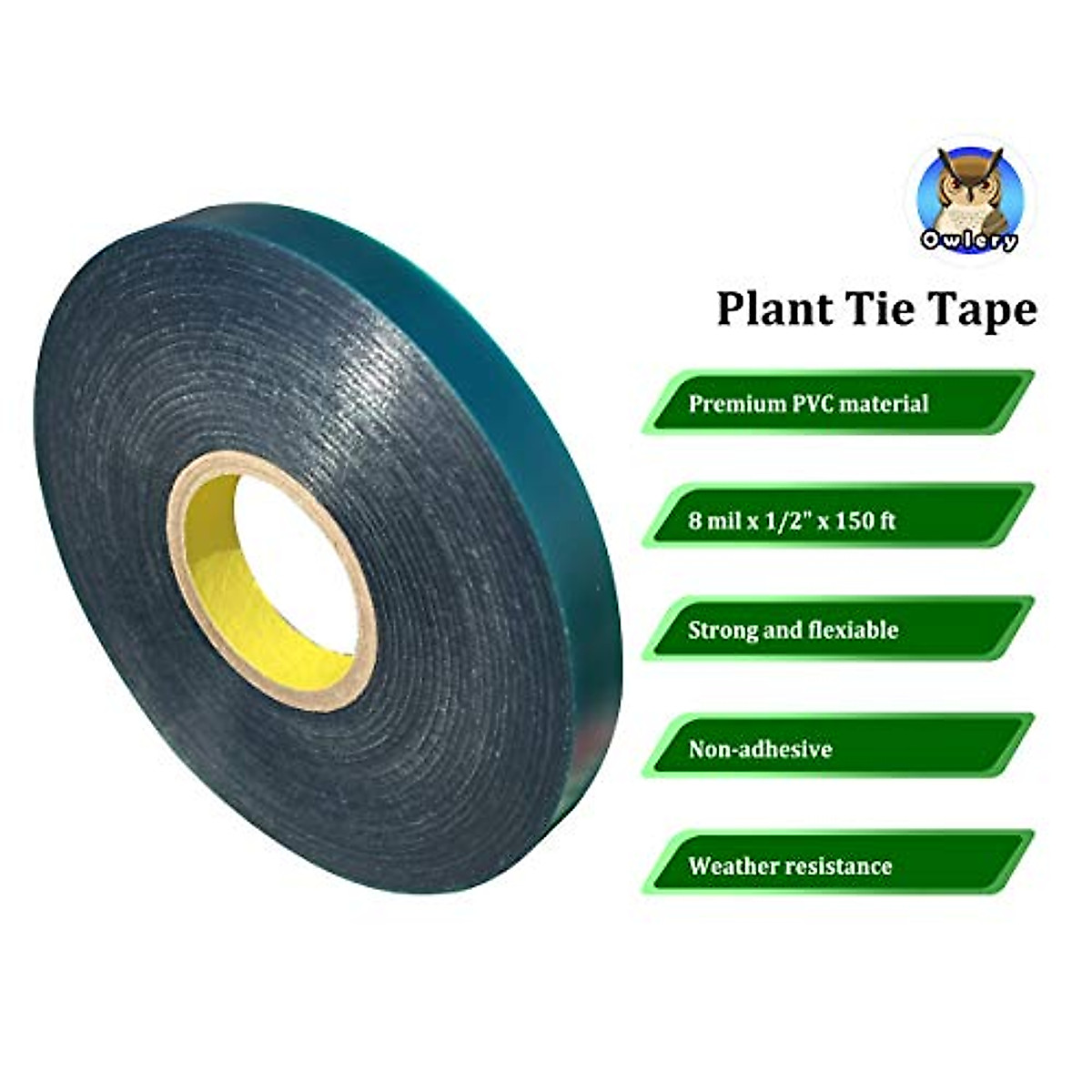 Owlery 8 mil Extra Thick 1/2" x 150 ft, Heavy Duty Stretch Garden Tie Tape, Plant Ribbon, Green Plant Tape, Garden Stake, Ideal for Vines, Tomatoes, Gardens and Orchards