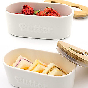 MBR FORCE Ceramic Butter Dish with Lid for Countertop Large White Farmhouse Butter Holder with Knife Butterdish Keeper Container Box