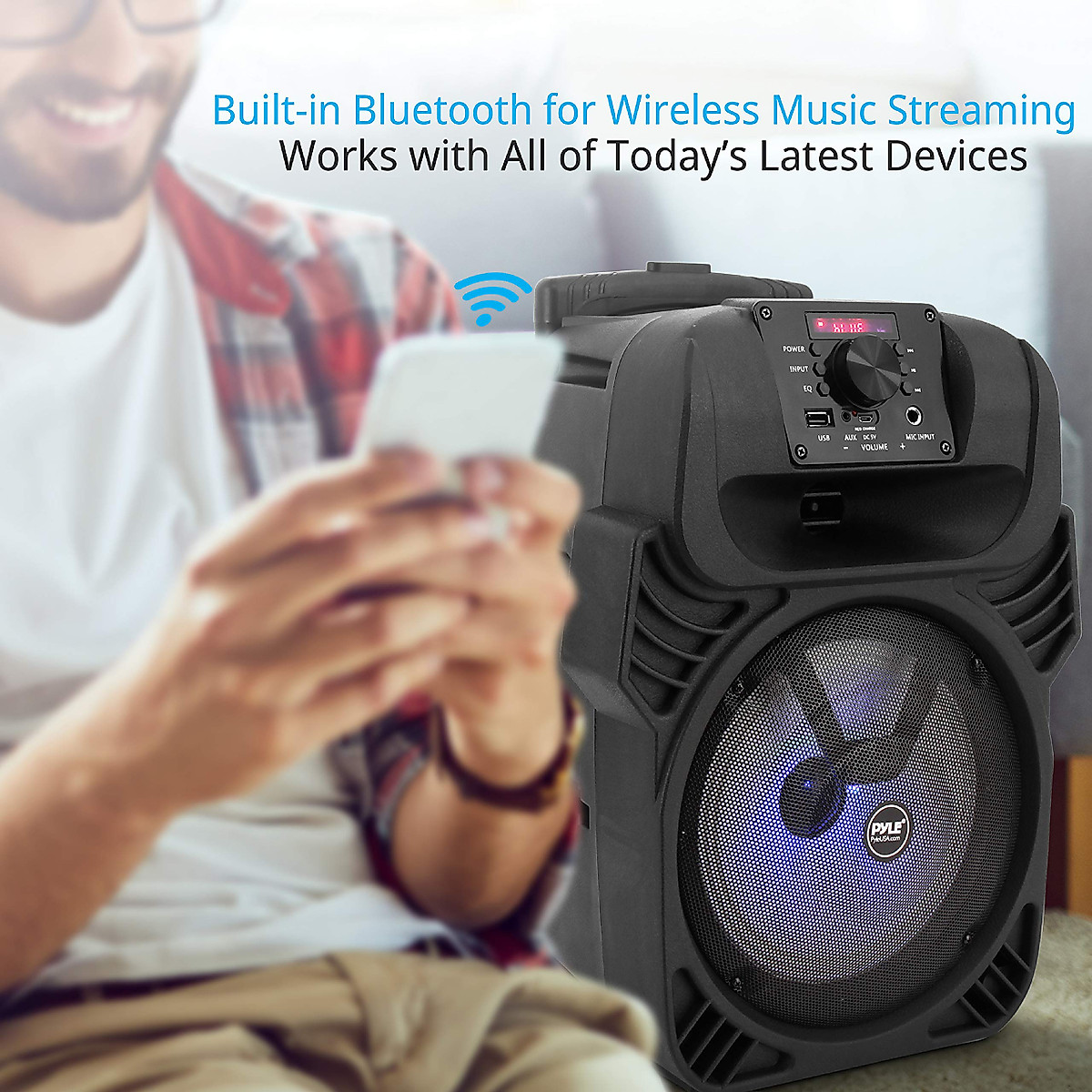 Pyle 400W Portable Bluetooth PA Loudspeaker - 8” Subwoofer System, 4 Ohm/55-20kHz, USB/MP3/FM Radio/ ¼ Mic Inputs, Multi-Color LED Lights, Built-in Rechargeable Battery w/ Remote Control -PPHP844B