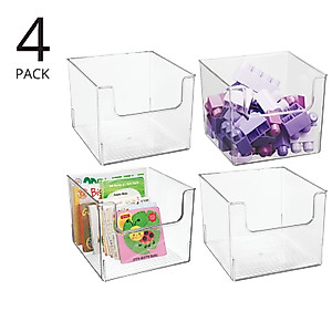 mDesign Plastic Household Storage Organizer Bins with Open Dip Front for Kitchen, Bedroom, Bathroom, Office, Craft or Playroom Organization - Holds Toys, Books - Ligne Collection, 4 Pack - Clear