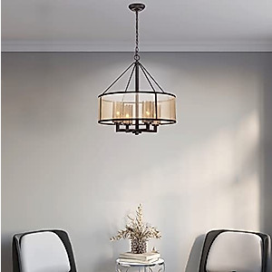 Elk Home Diffusion Modern 4-Light Chandelier-Oiled Bronze Metal, Beige Organza Fabric and Mercury Glass Shade, W24 X D24 X H25 Inch, Mid-Century Modern, Luxe Glam, LED and Dimmer Compatible