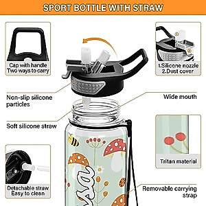 Wusikd Mushroom Custom Water Bottle Tritan BPA-Free Drink and Straw Leakproof Motivational Bee Ladybug Drinking Water Bottles with Carrying Strap for Office, Gym, Outdoor Sports