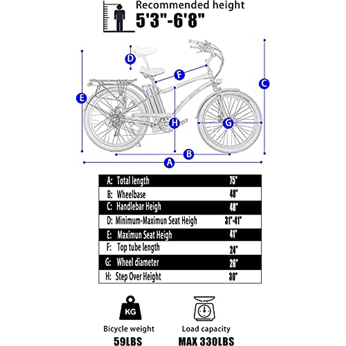Soumye 48V500W13Ah 26" Step-Over Beach Cruiser Electric Bicycle City E-Bike Mountain Bike(Fit 5Ft 3in to 6Ft 8in, Black)