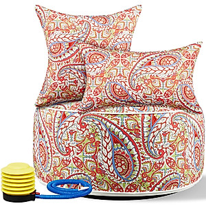 Anglechic 3 Pcs Indoor Outdoor Inflatable Ottoman Inflatable Lumbar Pillow and Toss Pillows, Fade Resistant Round Footrest Stool D21''x H9'', Portable for Patio Garden Camping or Home (Paisley)