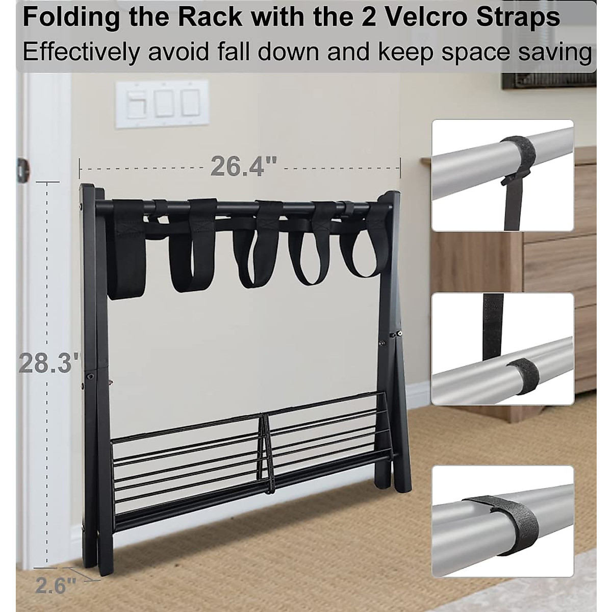 Fandature Folding Luggage Rack for Guest Room, Metal Foldable Suitcase Stand Holder with Metal Shelf for Bedroom, Black, 1 pack