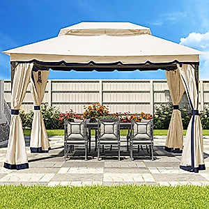 MEWAY Patio Gazebo 10x13 Gazebo with Mosquito Netting Aluminum Outdoor Gazebo Canopy with Curtains for Backyard Lawn Garden Deck, Beige Navy
