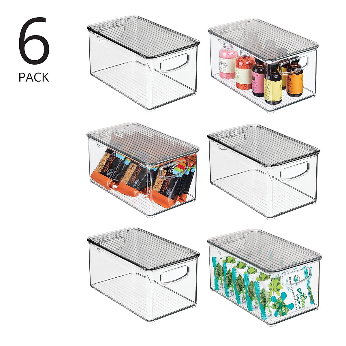 mDesign Plastic Deep Storage Bin Box Container with Lid and Built-In Handles - Organization for Fruit, Snacks, or Food in Kitchen Pantry, Cabinet, Cupboard, Ligne Collection, 6 Pack, Clear/Smoke Gray