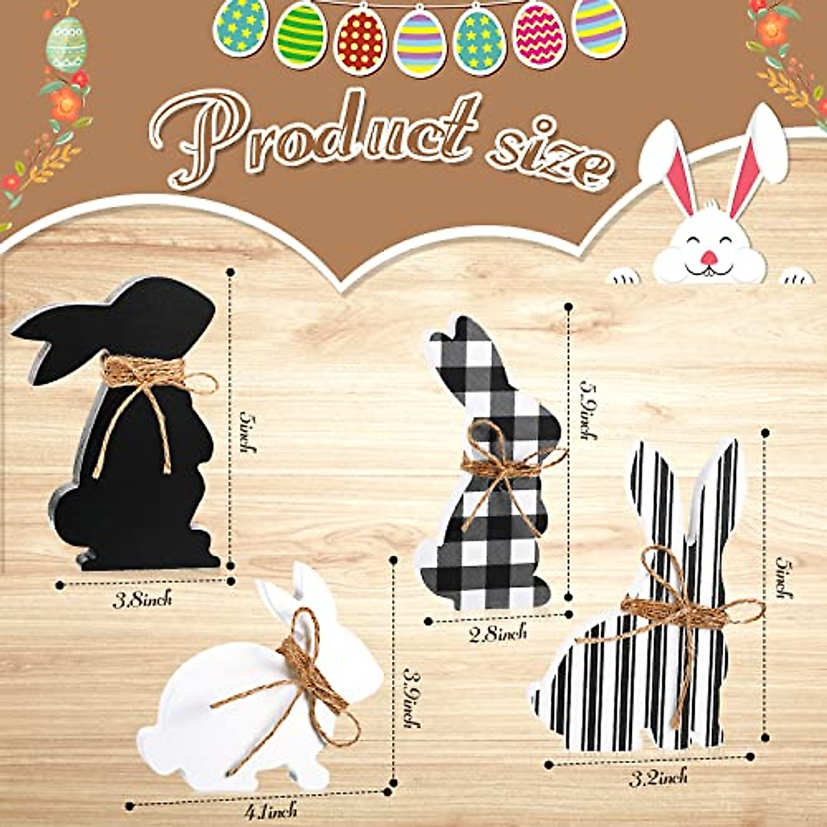 4 Pcs Easter Bunny Table Wooden Signs Bunny Shaped Farmhouse Decor Spring Bunny Wood Tabletop Easter Decorations Easter Bunny Dining Room Table Decor Sign Bunny Decor with Rope (Plain Black White)
