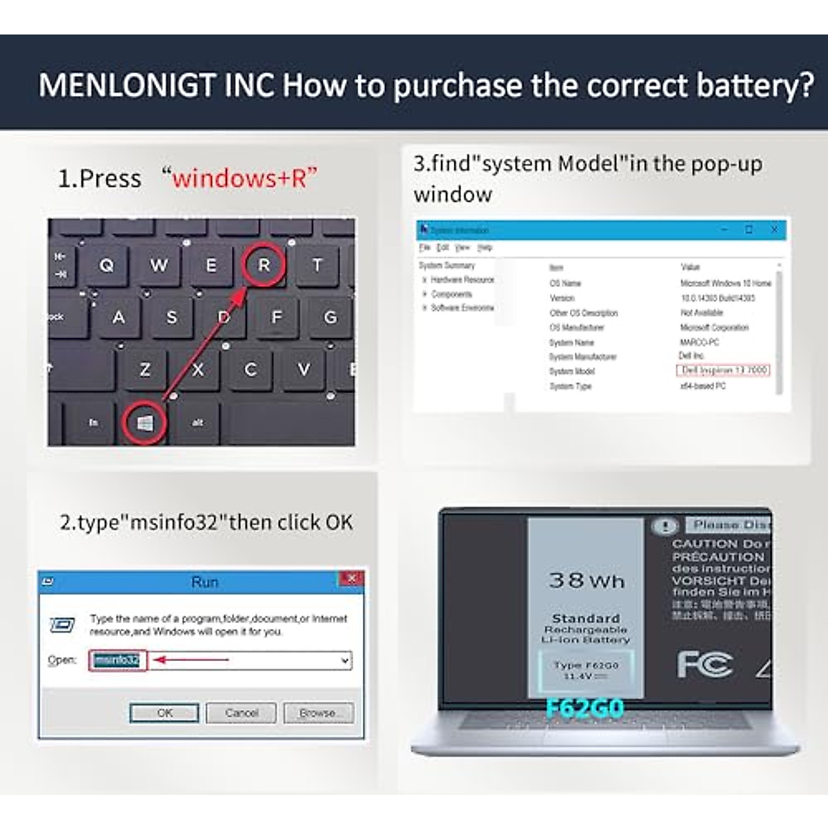 New 38Wh F62GO Battery Replacement for Dell Inspiron 13 7000 7373 7386 2-in-1 7370 7380 5370 P83G P87G P91G P83G001 P83G002 P91G001 P87G001 Vostro 13 5370 Series 39DY5 039DY5 RPJC3 0RPJC3 11.4V