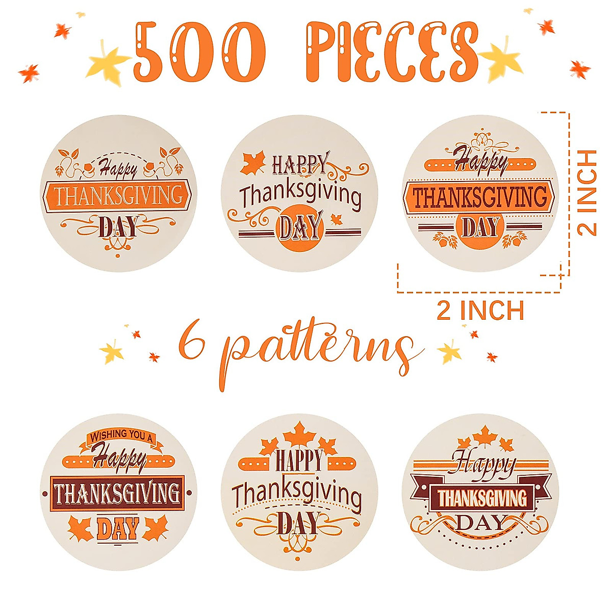 500 Pieces Happy Thanksgiving Day Stickers Fall Stickers 2 x 2 Inch Round Autumn Maple Leaves Thanksgiving Envelope Stickers Packaging Stickers for Thanksgiving Party Favors Greeting Cards Decors