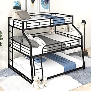 YOPTO Twin XL/Full XL/Queen Triple Bunk Bed with Long and Short Ladder and Full-Length Guardrails,Metal Bed-Frame for Bedroom/Living Room/Apartment,Guest-Room,Black