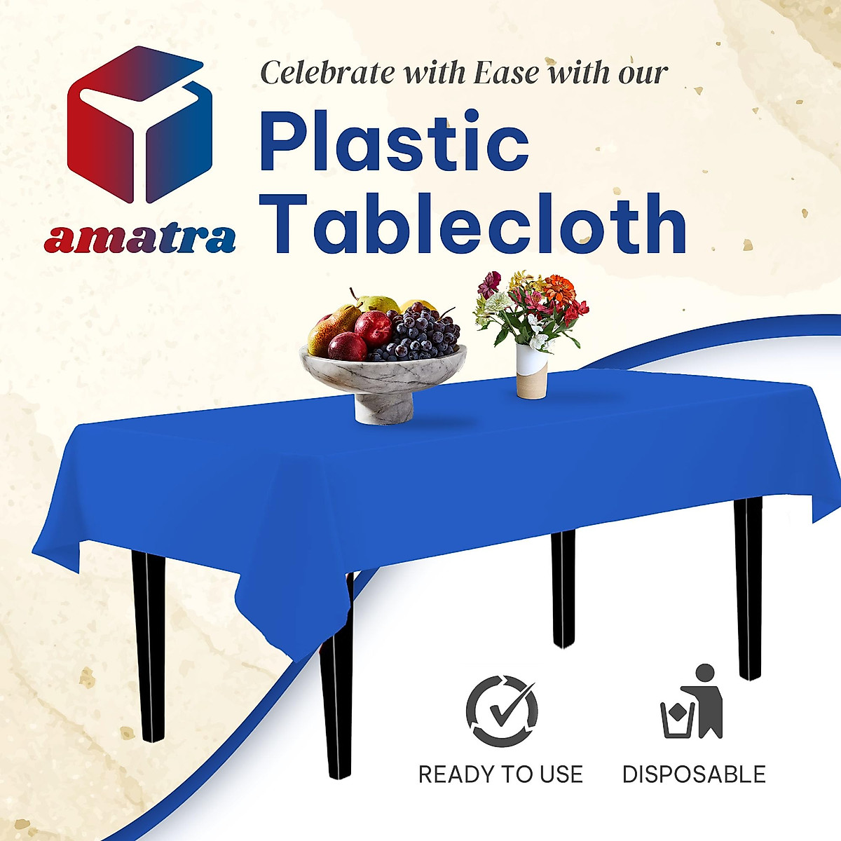 Amatra All-Purpose Plastic Table Cover Roll with Self-Cutter, Alternative to Regular Tablecloth, Disposable Table Cover, Plastic Table Cloth, 54 inches x 120 feet (40 Yards), Blue