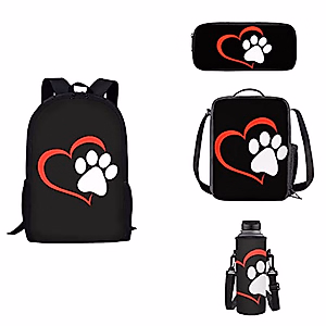 JEOCODY Love Paw Print Kids Backpack,School Bookbag Set with Lunch Box Pencil Case and Bottle Holder for Boy and Girls Set 4 In 1,Cartoon Dog Paw Print