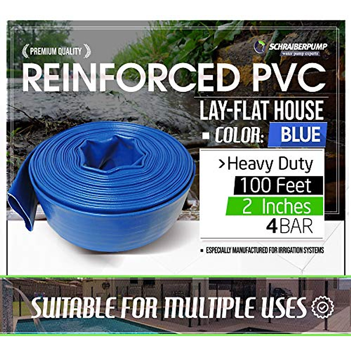 Schraiberpump 2-Inch by 100-Feet- General Purpose Reinforced PVC Lay-Flat Discharge and Backwash Hose - Heavy Duty (4 Bar) 2 CLAMPS INCLUDED (2 INCH)