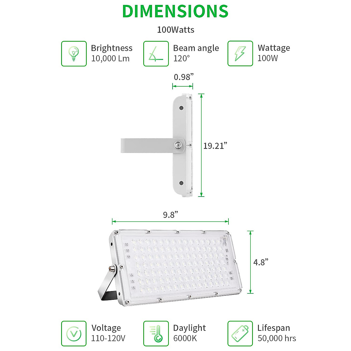 Viugreum 100W LED Flood Light, 8000LM 6000K Daylight White, 500W Halogen Bulb Equivalent, Super Bright Slim Outdoor Work Light IP66 Waterproof Security Light Fixture for Garage, Garden, Lawn, Yard