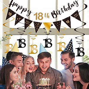 18th Birthday Decoration Kit, Happy 18th Birthday Banner Bunting Swirls Streamers, Triangle Flag Banner for Birthday Party Decorations Supplies Black and Gold 18th