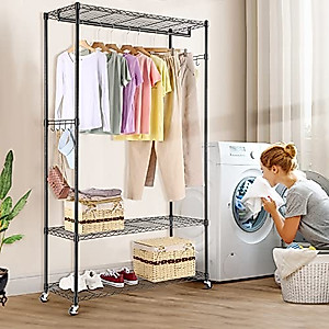 Modrine Clothing Rolling Rack, 3 Tiers Heavy Duty Garment Rack, with Lockable Wheels, 2 Side Hooks and 1 Clothes Rod (Black)
