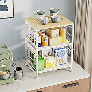 1Easylife Kitchen Counter Basket Wire Basket with Bamboo Top, 2 Tier Detachable Fruit Basket Metal Mesh Bin for Kitchen Organization and Storage, Spice Rack Organizer (White)