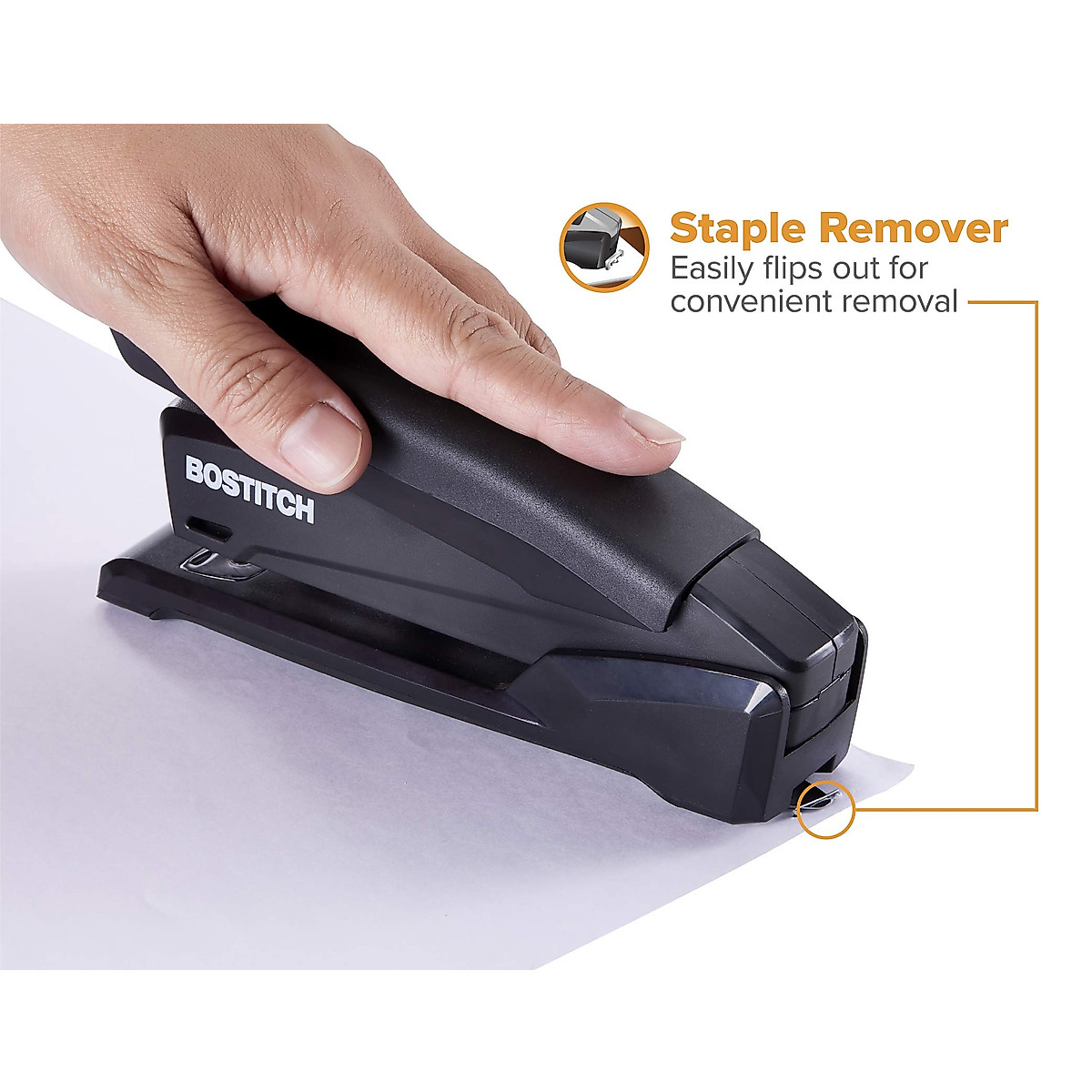 Bostitch Office Executive 3 in 1 Stapler, includes 210 Staples and Integrated Staple Remover, One Finger Stapling, No Effort, 20 Sheet Capacity, Spring Powered Stapler, Black (INP20-BLK)