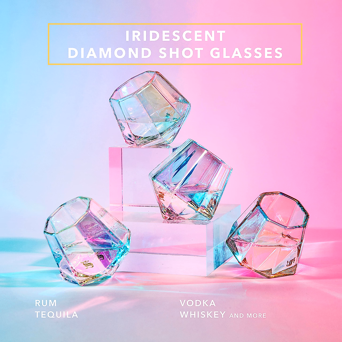 Dragon Glassware Shot Glasses, Iridescent Diamond Shaped Glass Set, Cute and Unique Barware, Naturally Aerates, Dishwasher Safe, 2 oz Capacity, Set of 4