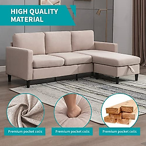 BALUS Sectional Sofa Bed, 85" W Linen Sleeper Couch with Storage Ottoman, Convertible Sleeper Sofa, Couches for Living Room, Chaise Lounge Indoor, Easy Assembly, Beige