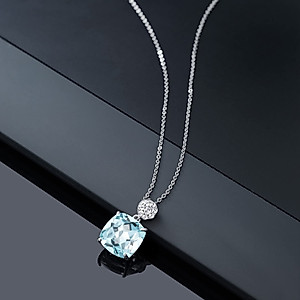 Gem Stone King 925 Sterling Silver Sky Blue Simulated Aquamarine Pendant Necklace For Women (6.32 Cttw, Cushion Cut 12MM, with 18 Inch Silver Chain)