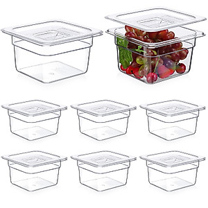 Sieral Clear 1/6 Size Food Pan Restaurant Containers with Lids Square Cambro Food Storage Polycarbonate Salad Bar Containers Commercial Hotel Pans for Kitchen Food Prep (8 Pcs, 4 Inch, 1.5 Quart)