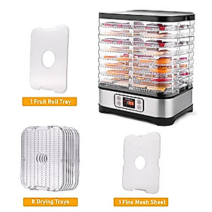 Food Dehydrator Machine, with Fruit Roll Sheet + 8 Trays + 400W Digital Timer and Temperature Control (95ºF-158ºF), for Jerky/Meat/Beef/Fruit/Vegetable, BPA Free