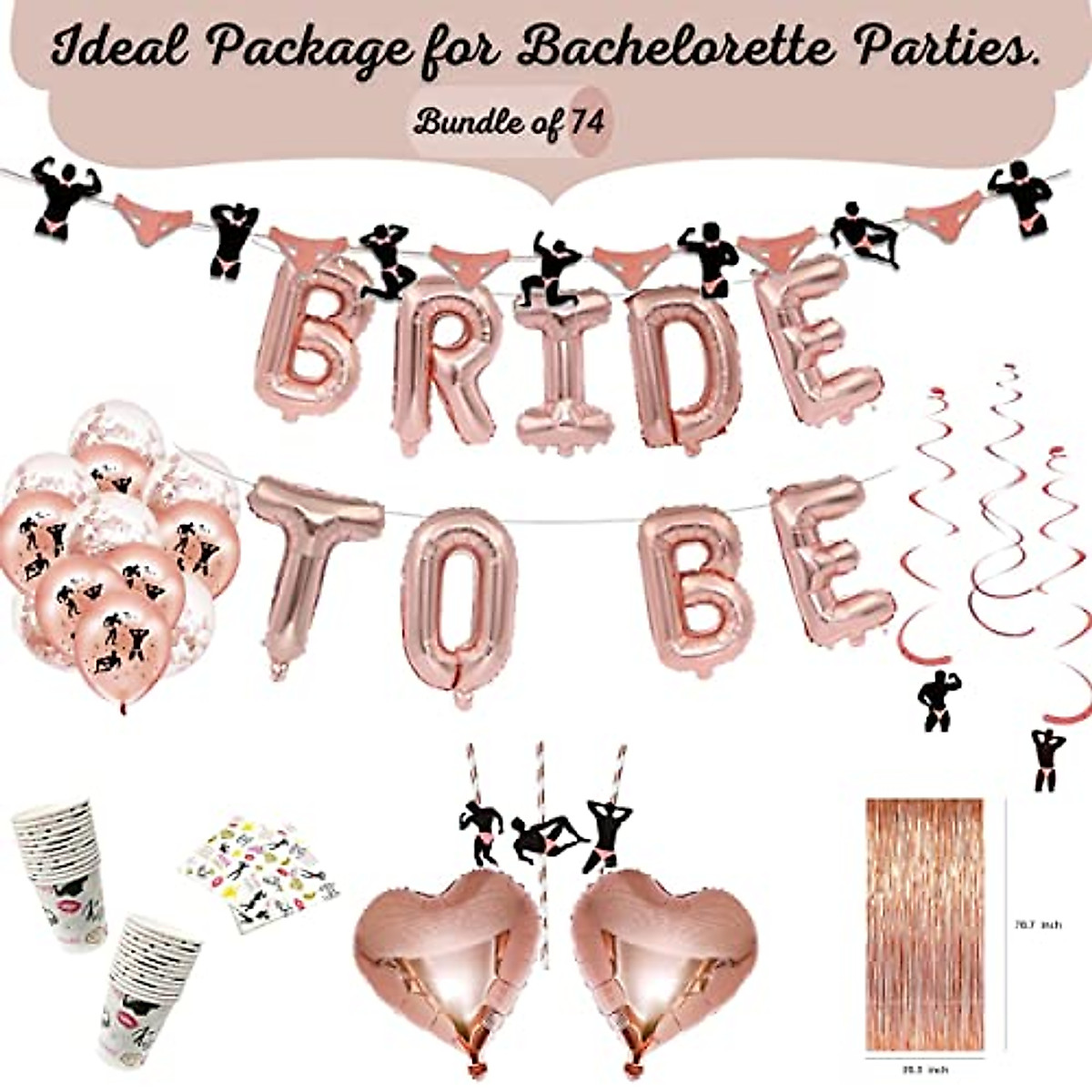 Bachelorette Party decorations| Rose Gold Bridal Shower supplies I Bride To be foil balloons Straws Cups Napkins Banner Swirls Dancing Men Confetti Balloons I Funny Final Fiesta Bride to be Favors