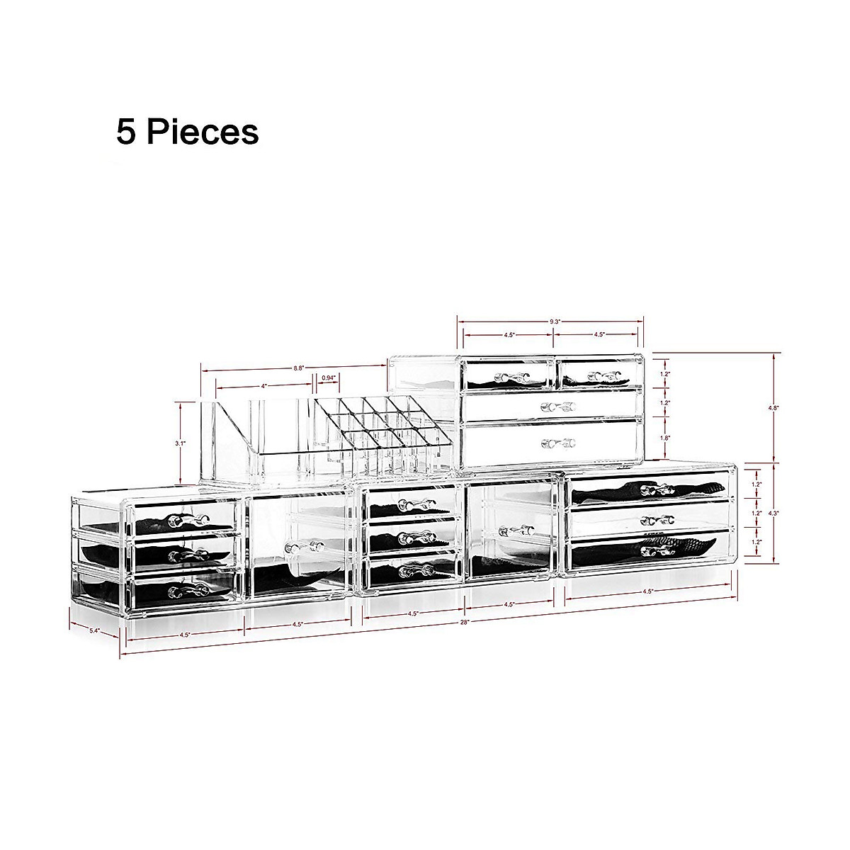 Felicite Home Acrylic Jewelry and Cosmetic Storage Makeup Organizer Set, 5 Piece，Large