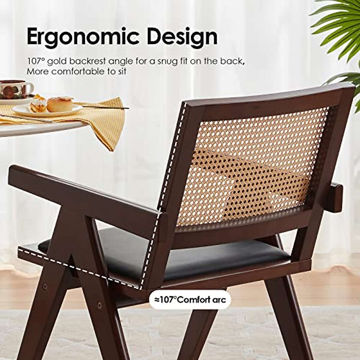 STARY Mid Century Modern Leather Rattan Dining Room Chair, 1 Pcs, Black