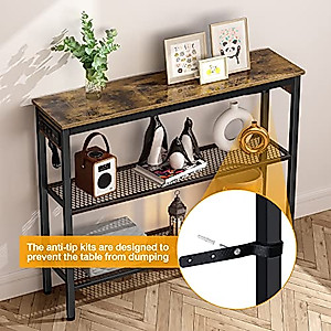 Mr IRONSTONE Console Table with Power Outlet, 39" Narrow Sofa Table, 3-Tier Couch Table Behind Sofa with Metal Frame Hallway Table for Entryway, Living Room, Rustic Brown