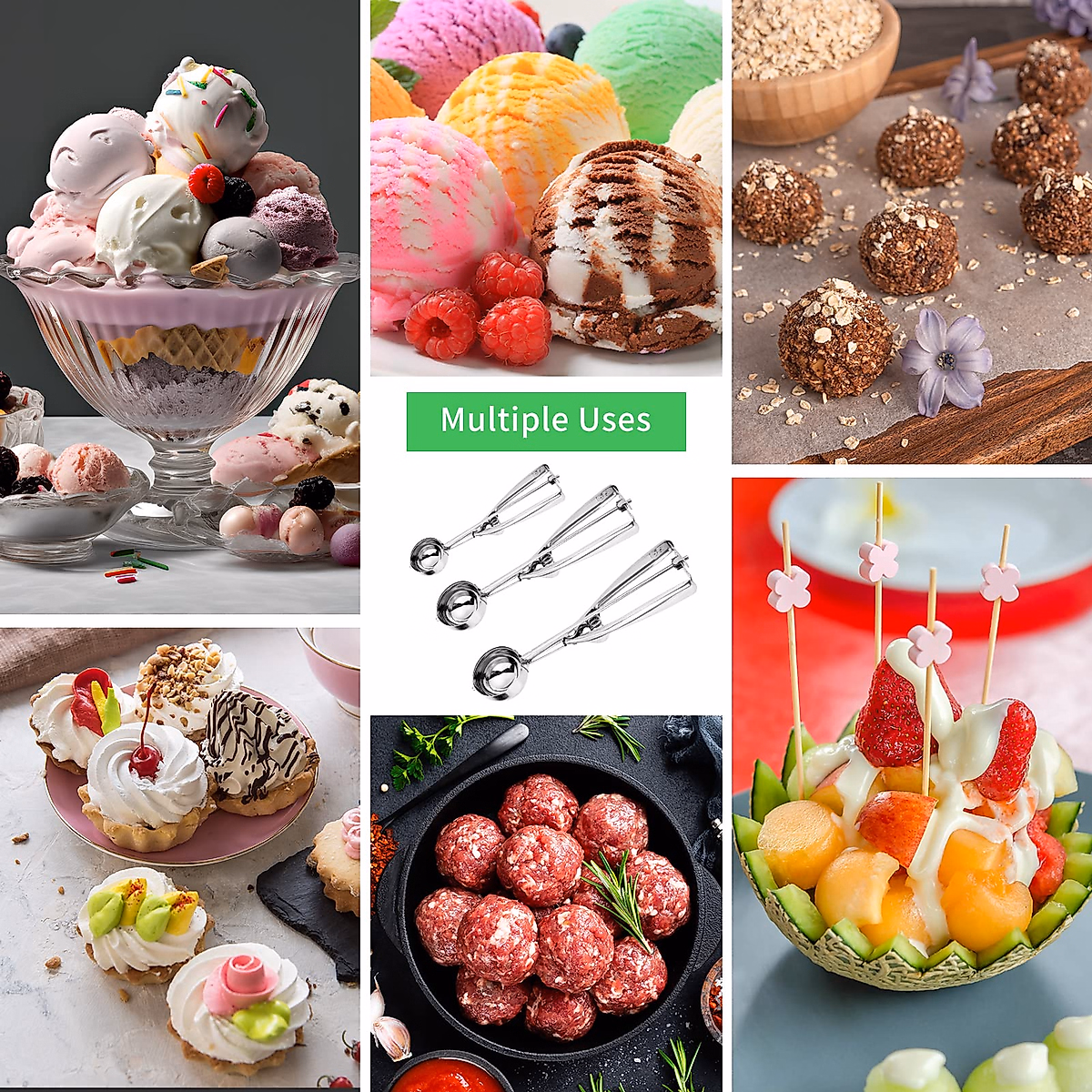 3PCS Ice Cream Scoop,Premium cookie scoop set,Small/Medium/Large stainless steel Scoops,Professional Ice cream Scooper with Trigger Release for Baking, Cookie, Fruit and Ice Cream by AOULELA