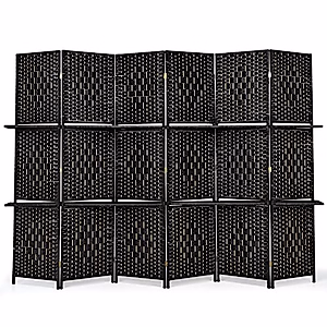 Giantex 6Ft 6 Panel Room Divider with Shelves, Freestanding Hand-Woven Rattan Folding Privacy Screens for Room Separation, Wooden Partition Room Divider Wall for Home Office Studio Separator