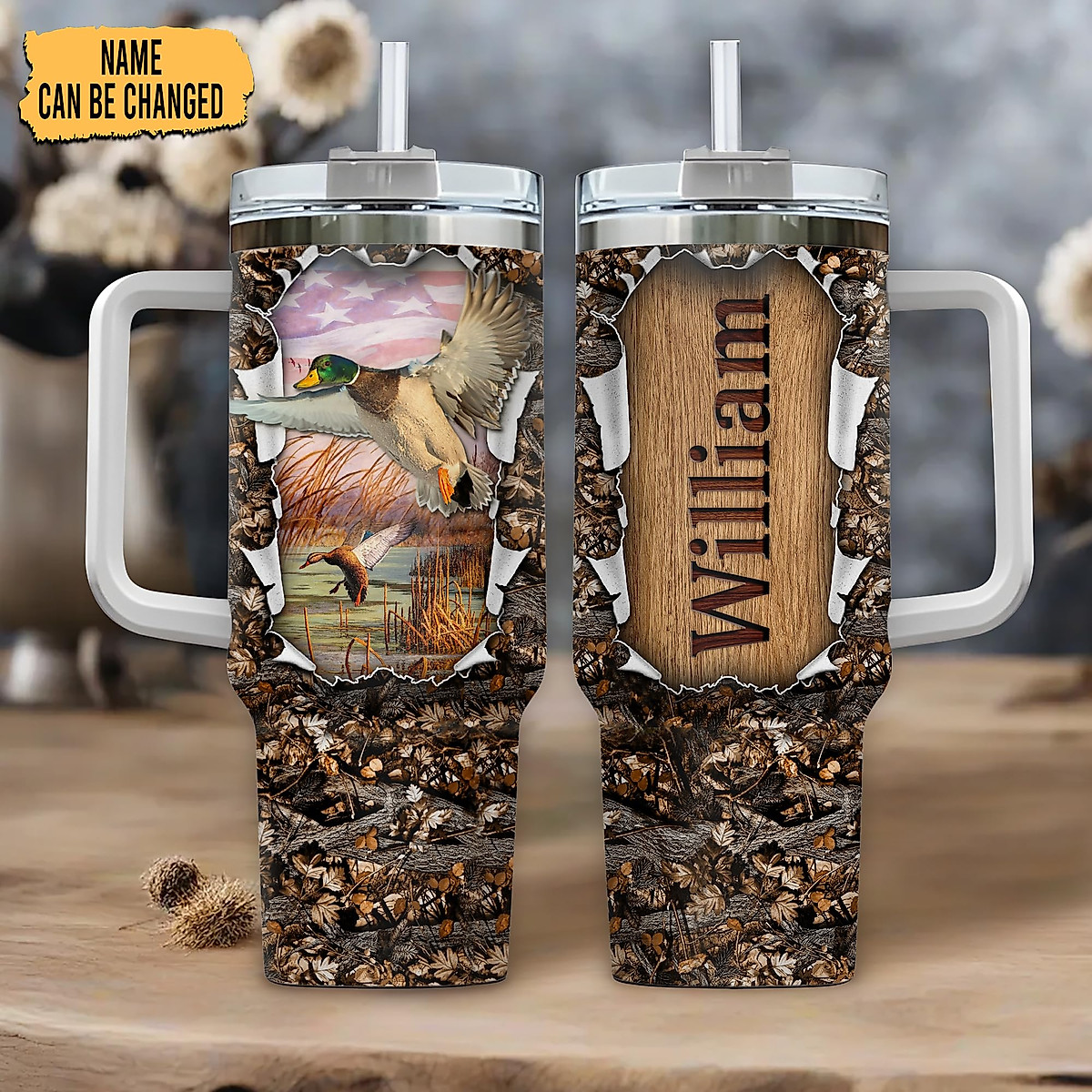 Hyturtle Personalized Stainless Steel Tumbler 40oz with Handle and Straw-Mallard Duck Hunting Camo Tumbler Cup with Lid, Double Wall Vacuum Thermos Insulated, Gifts For Women, Men, Christmas, Birthday