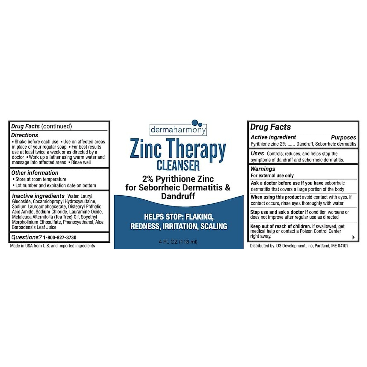 Dermaharmony 2% Pyrithione Zinc (ZnP) Liquid Cleanser (non-soap) Wash (4 Fl Oz Bottle)