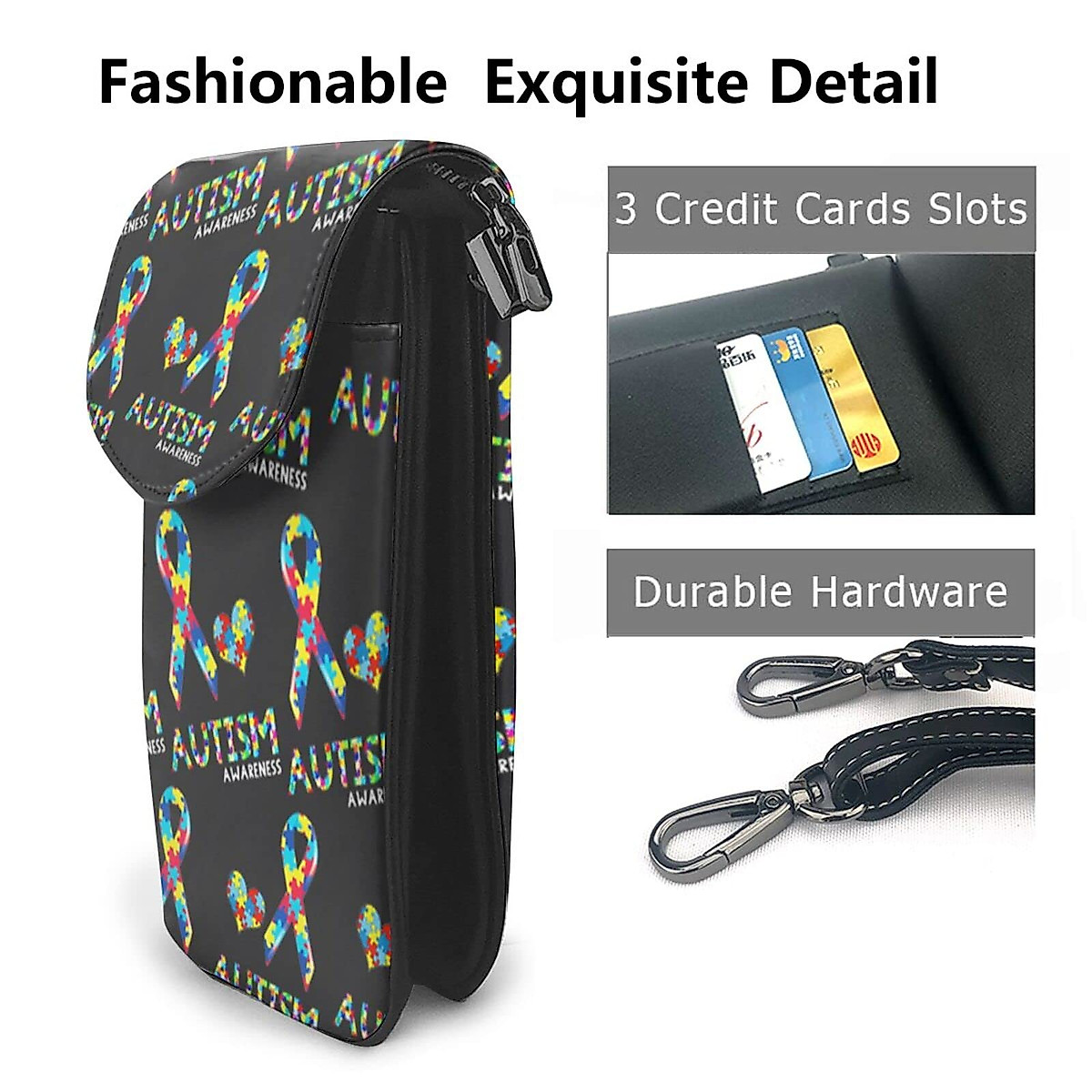 Aiyoolee Waterproof Crossbody Shoulder Purse for Women Girls, Soft and Leather Cell Phone Bag Wallet with Anti Theft Credit Card Slots, Colorful Puzzle Autism Awareness Black
