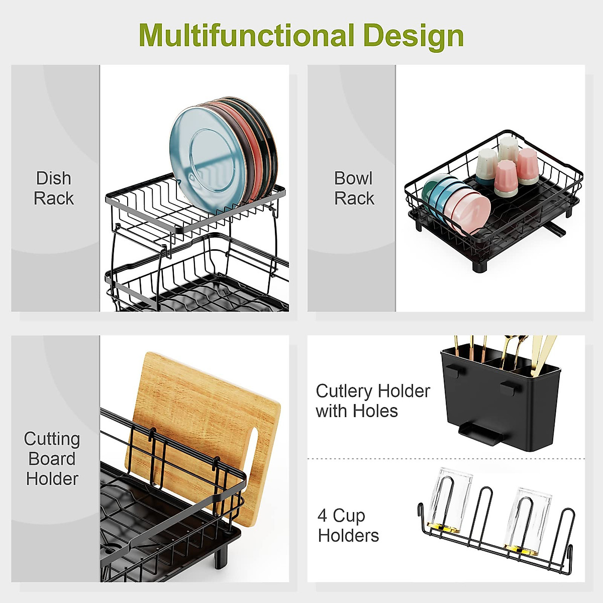 GSlife Dish Drying Rack with Drainboard - Large 2 Tier Dish Rack with 12 Plate Slot, Dish Racks for Kitchen Counter with Utensil Holder Cup Holders Cutting Board Holder, Black