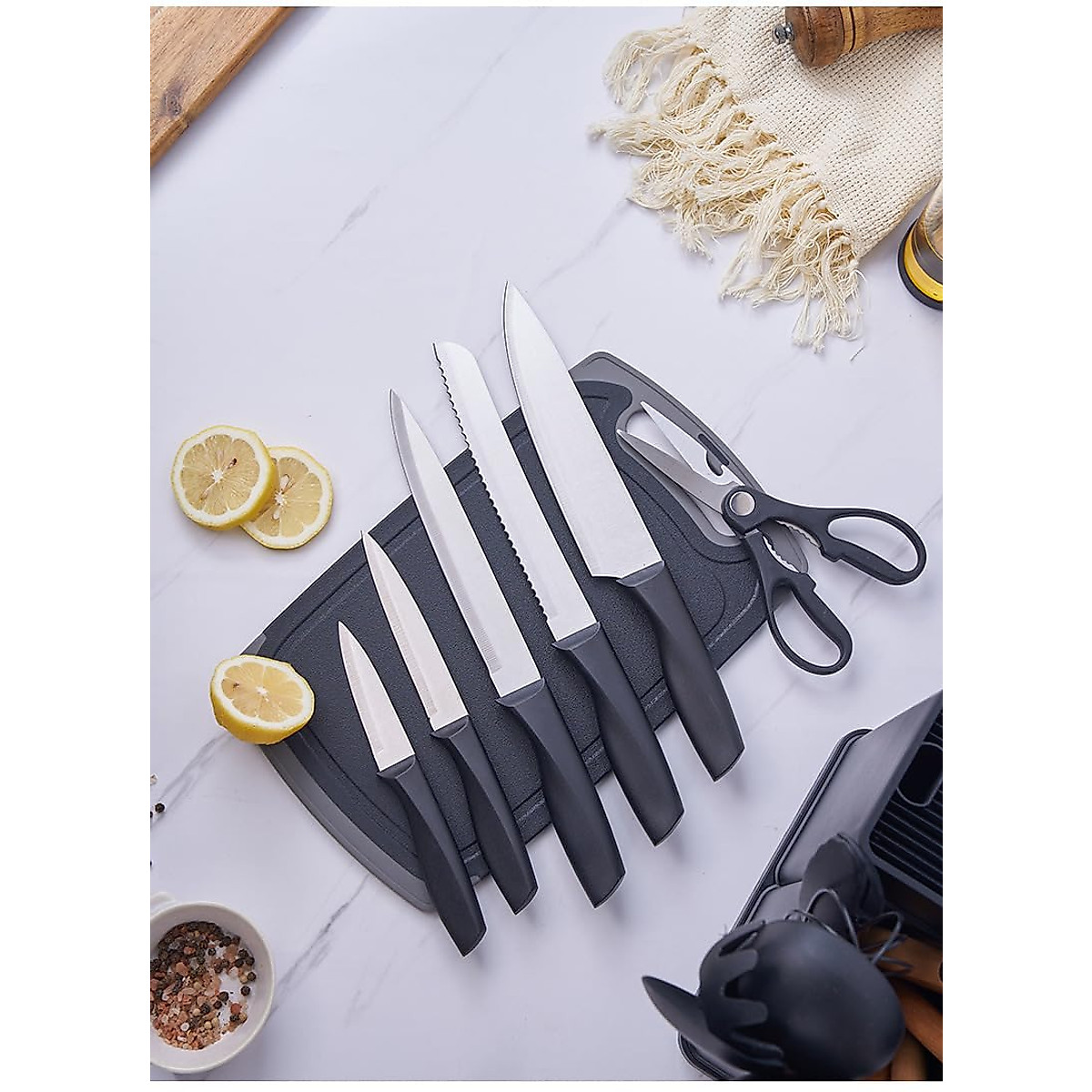 19 Pcs Kitchen Cooking Utensil & Knife Set/Wooden Handles, Heat Resistant Cookware with Staninless Steel Knives Cutting Board Storage Holder, Silicone Spatula Spoon Gadgets Set