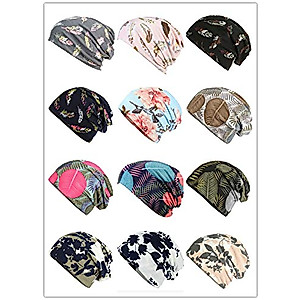 HONENNA Flower Printed Beanie Women Turban Headband Chemo Cap (Beige&Pink)