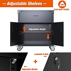 SUPEER Metal Garage Cabinet with Wheels,Mobile Storage Cabinet with 2 Doors & 1 Drawer,Steel Storage Cabinet for Garage,Home,Office,Utility Room- Assembly Required (Black)