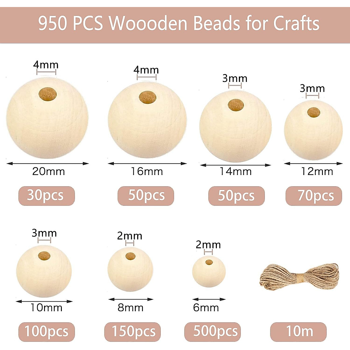 950pcs Wooden Beads for Crafts 7 Sizes Unfinished Natural Wood Beads Wooden Beads Bulk 6mm, 8mm, 10mm, 12mm, 14mm, 16mm, 20mm Beads for Garland Macrame Jewelry Making DIY Farmhouse Decor