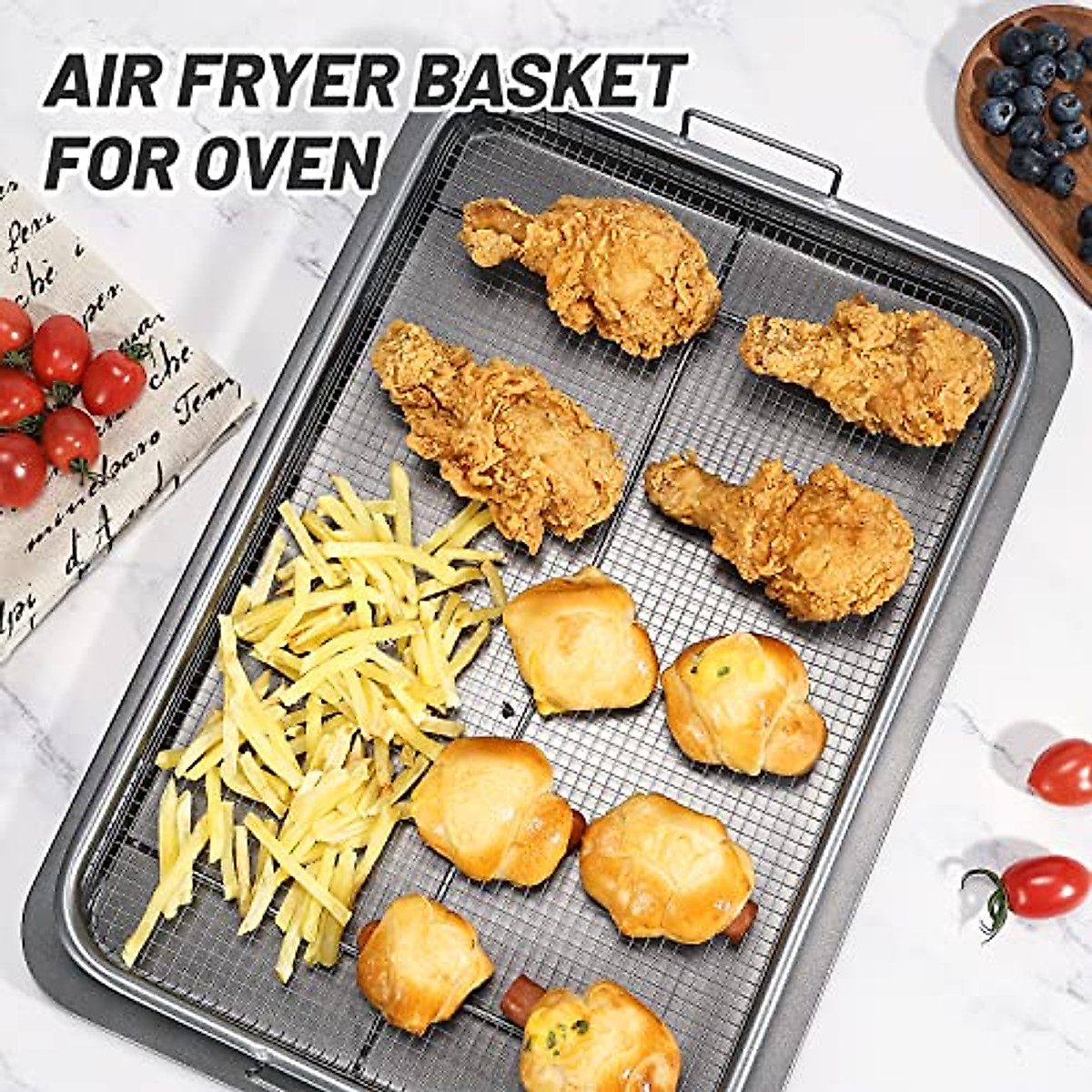 Air Fryer Basket For Oven, 18.1x11.8inch Stainless Steel Large Air Fryer Tray For Oven, Non-sitck Grill Basket Air Fryer Pan, Baking Sheet Cookie Sheet 2 Piece Set
