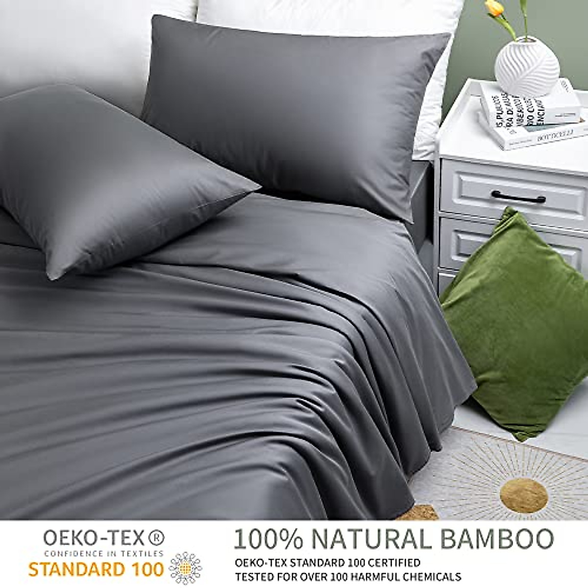 Shilucheng 100% Cooling Bamboo_ Sheets Set- King Size 1800 Thread Count Soft Bed Sheets,16 Inch Deep Pocket,Breathable,Comfortable and Pilling Resistant -4PC(King,Dark Grey)