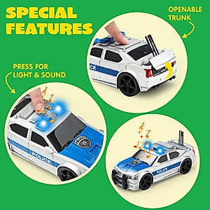 JOYIN 4 Pcs 7" Long Vehicle Toy Set, Toddlers Cars with Lights and Siren Sound, Including Play Police Car, School Bus, Toy Garbage Truck, Ambulance Toy, Birthday Party Gifts Toys for Boys 3-5